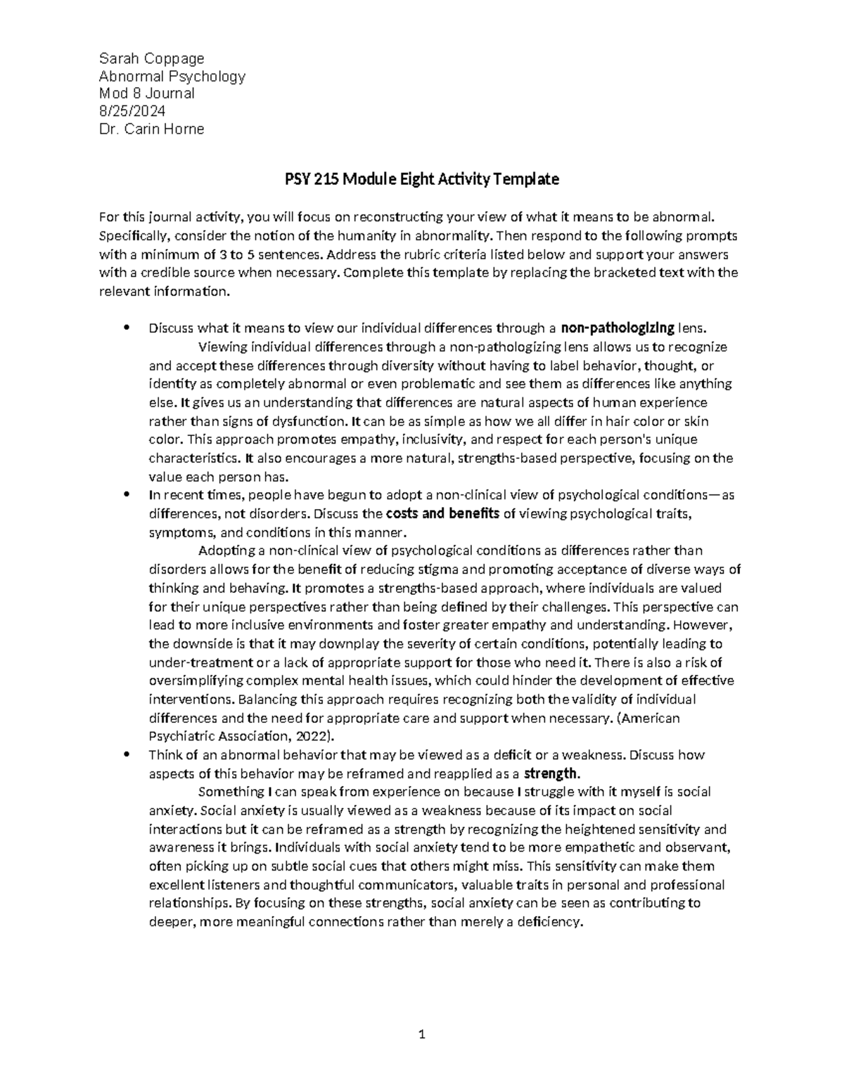 PSY 215 Module 8 Journal: Rethinking Abnormality and Empathy - Studocu