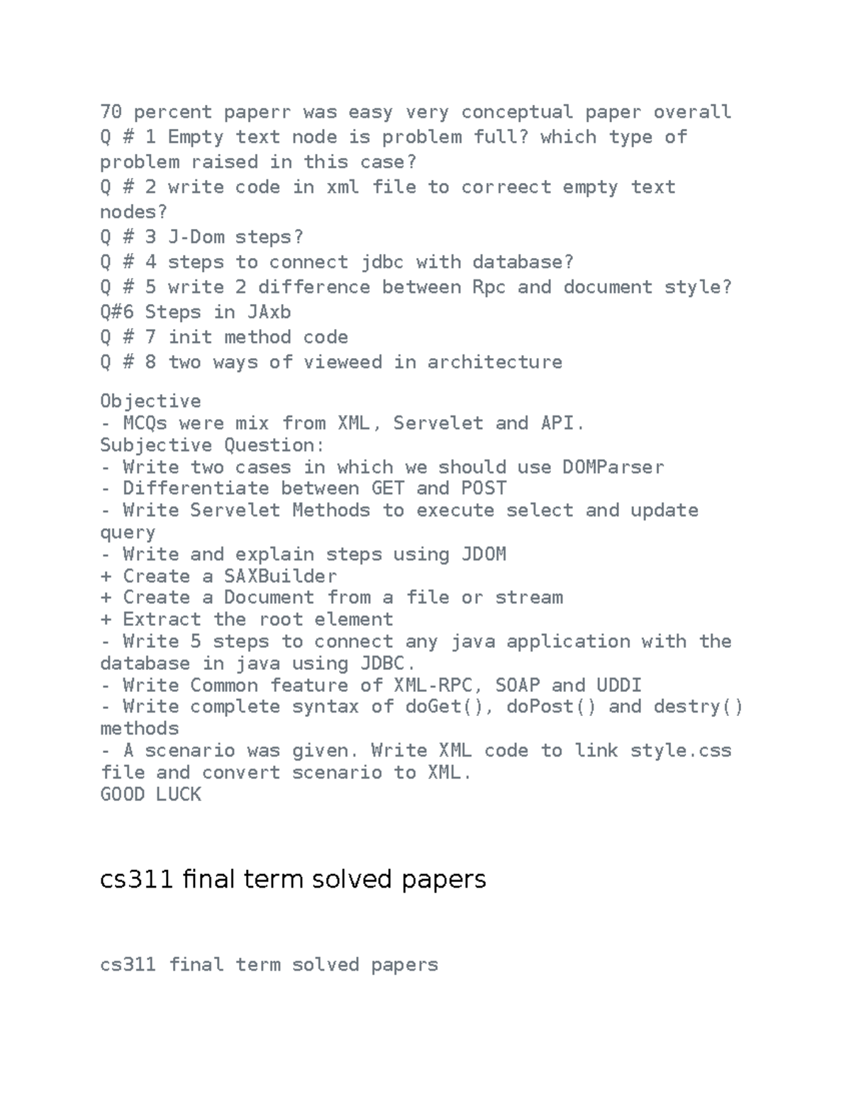 CS311 Final Term Past Papers Review and Solutions - Studocu
