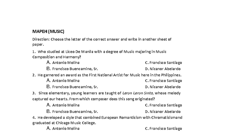 MAPEH (MUSIC) 3RD Quarter Performance Activity: Composer Quiz and ...