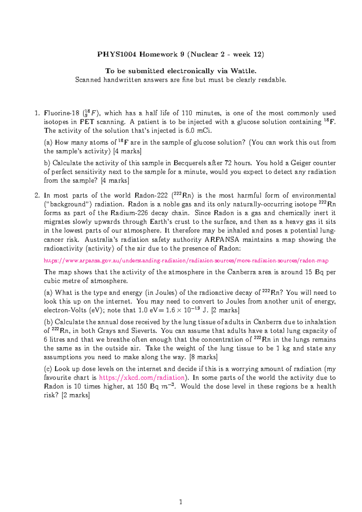 Week 12 Homework Questions - PHYS1004 Homework 9 (Nuclear 2 - week 12 ...