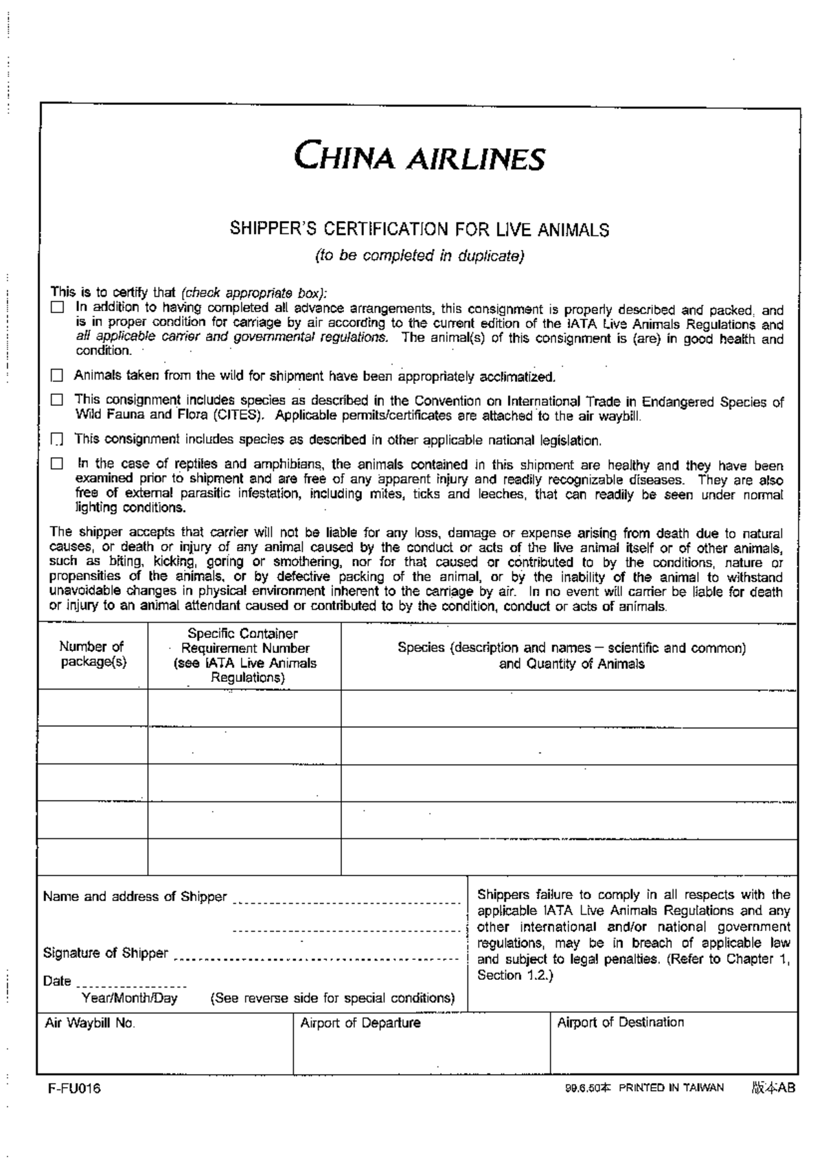 AVI Declaration Form for Live Animal Shipment - CHINA AIRLINES - Studocu