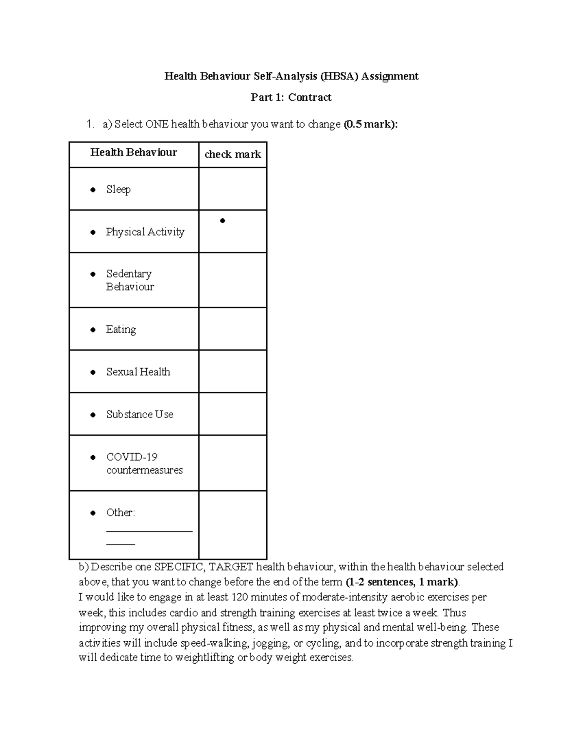 HBSA 1: Health Behaviour Self-Analysis Assignment - Exercise Goals ...