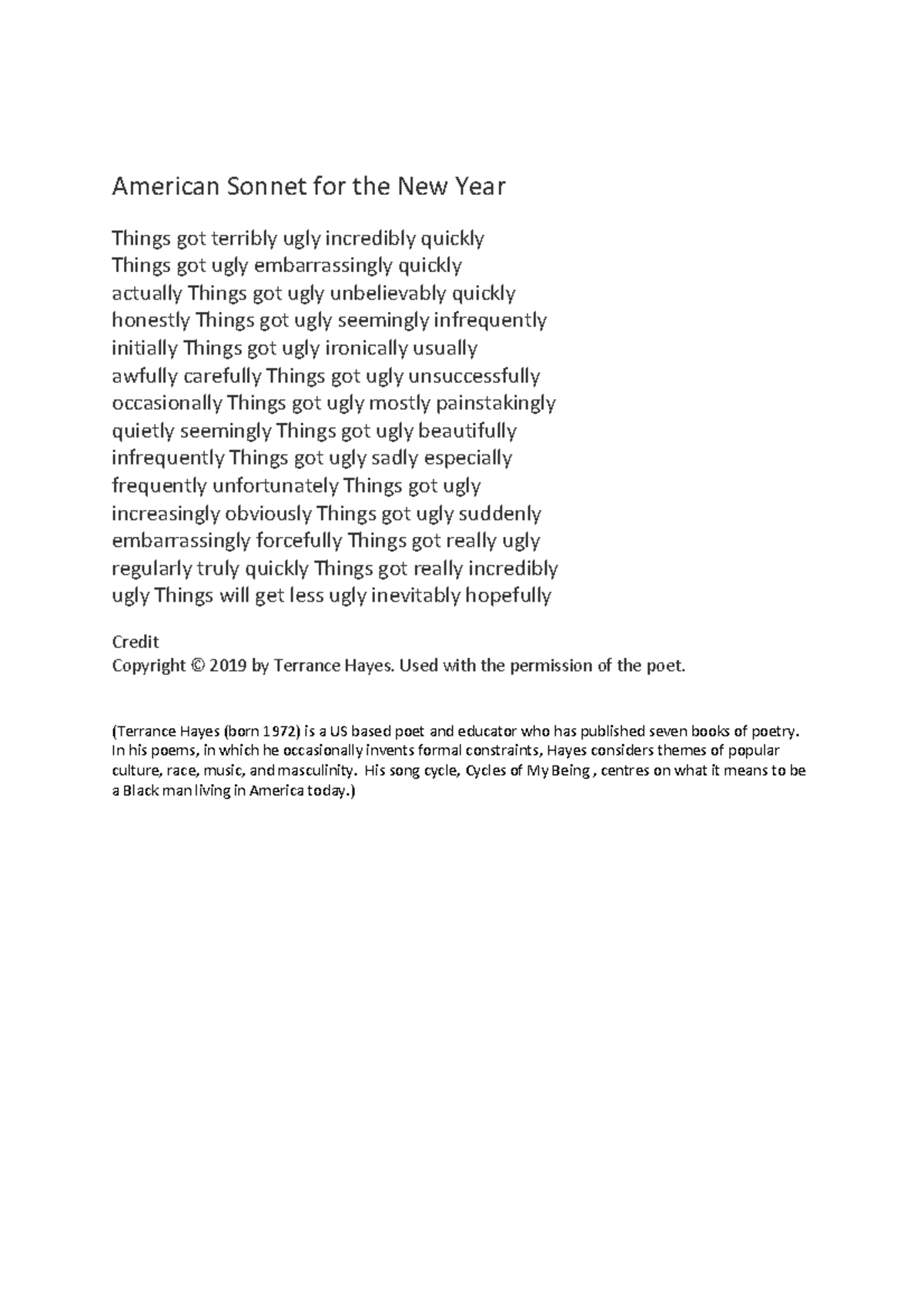 Yr 9 American Sonnet for the New Year: A Creative Task - Studocu