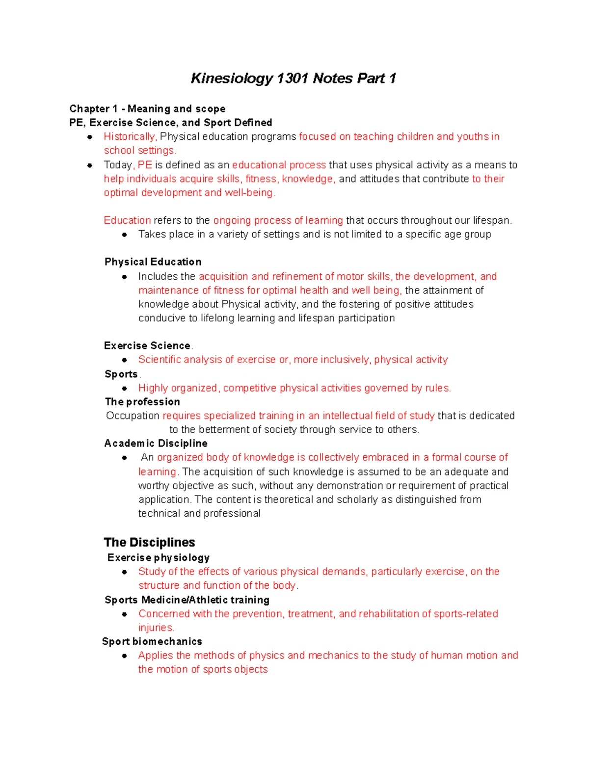 Final Exam Study Guide for KINE 1301: Overview of Kinesiology Sub ...