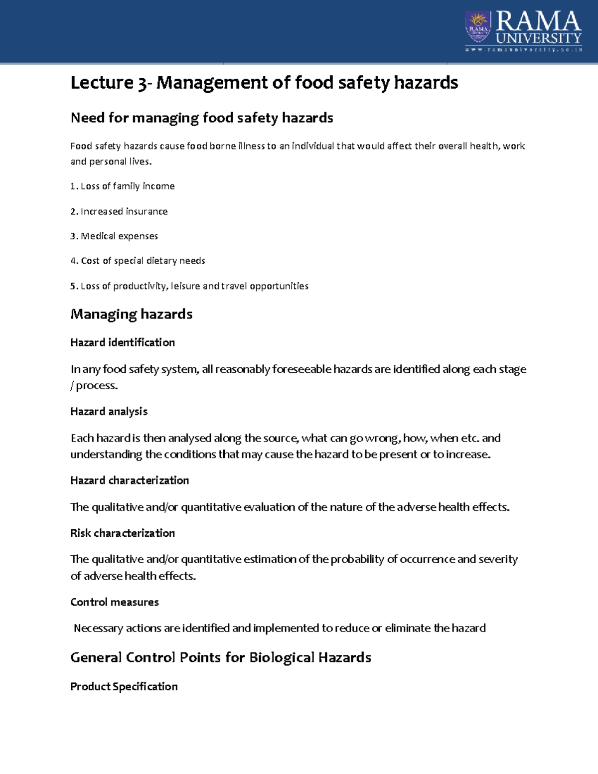 Lecture L-3: Managing Food Safety Hazards and Control Measures - Studocu