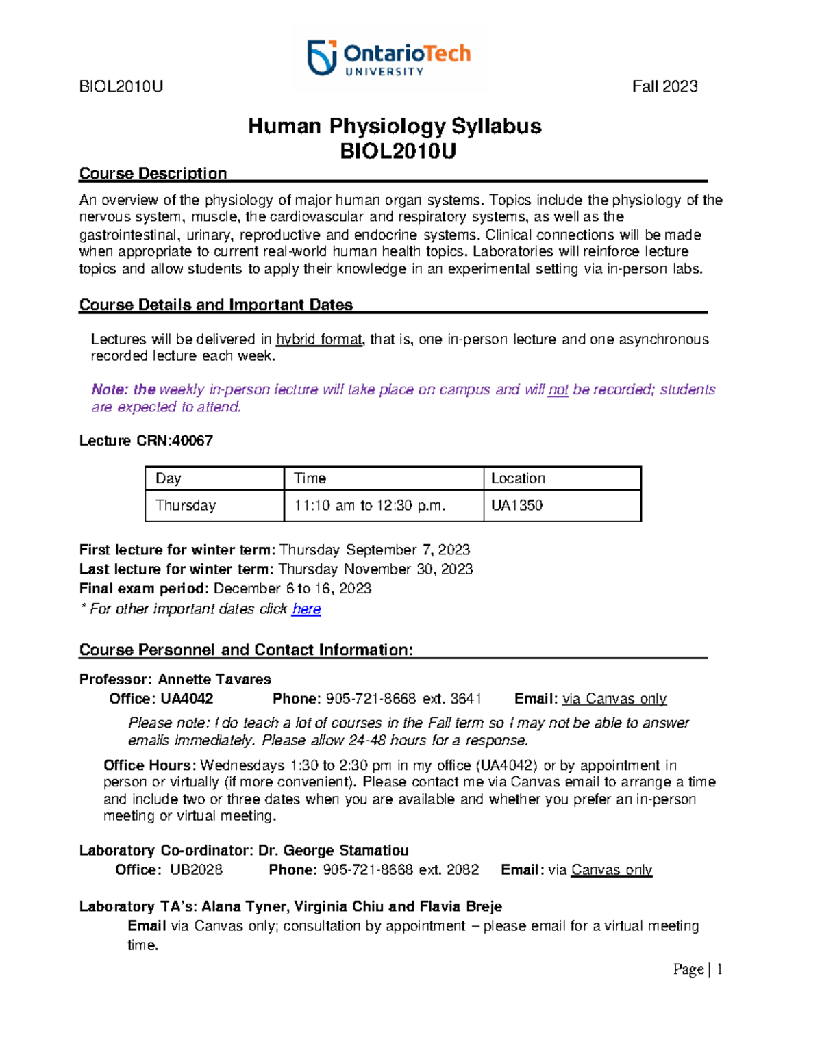 BIOL2010U Fall 2023 Human Physiology Course Syllabus and Details - Studocu