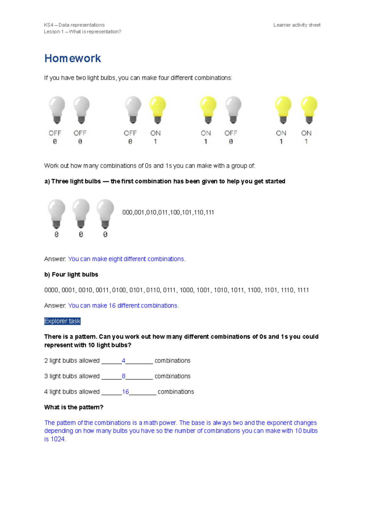 KS4 Computer Science Data Representations Lesson 1 Activity Sheet - Studocu