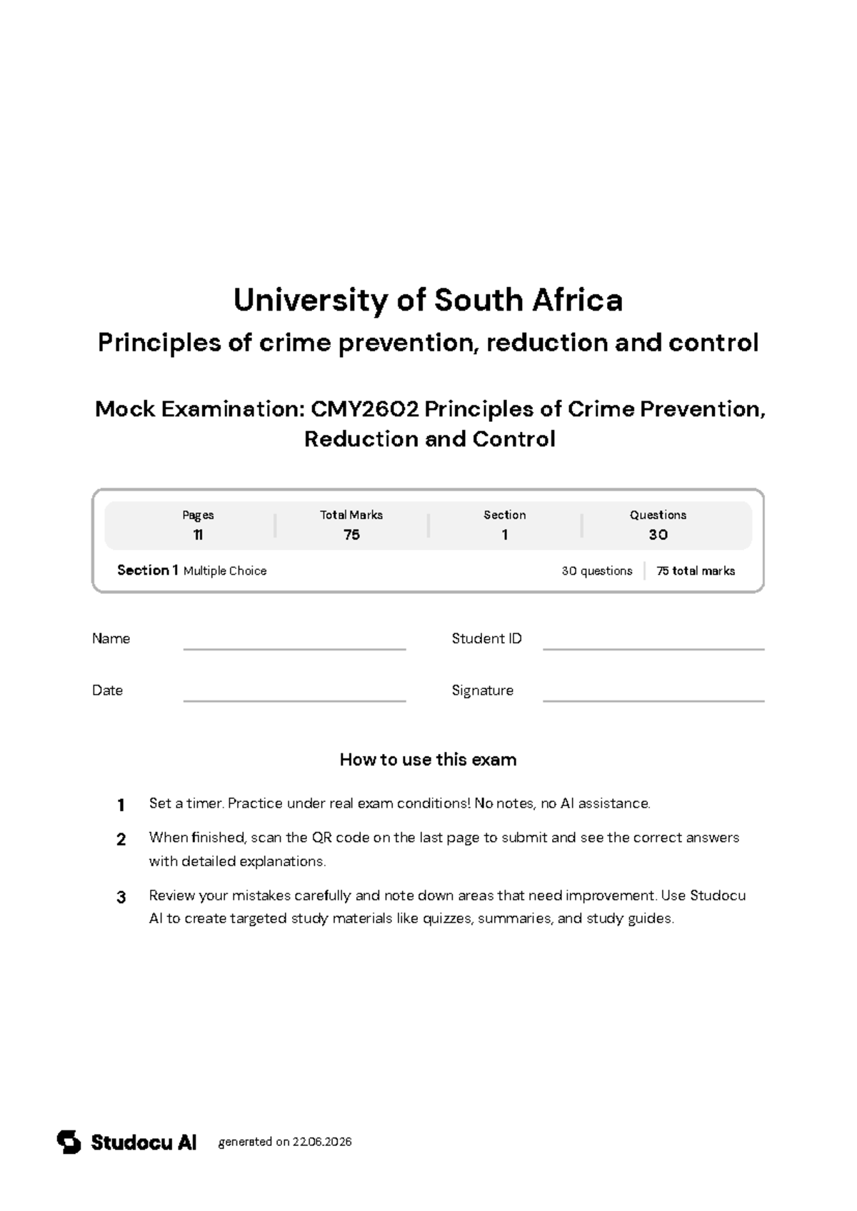 Mock Exam: CMY2602 Principles of Crime Prevention - Studocu