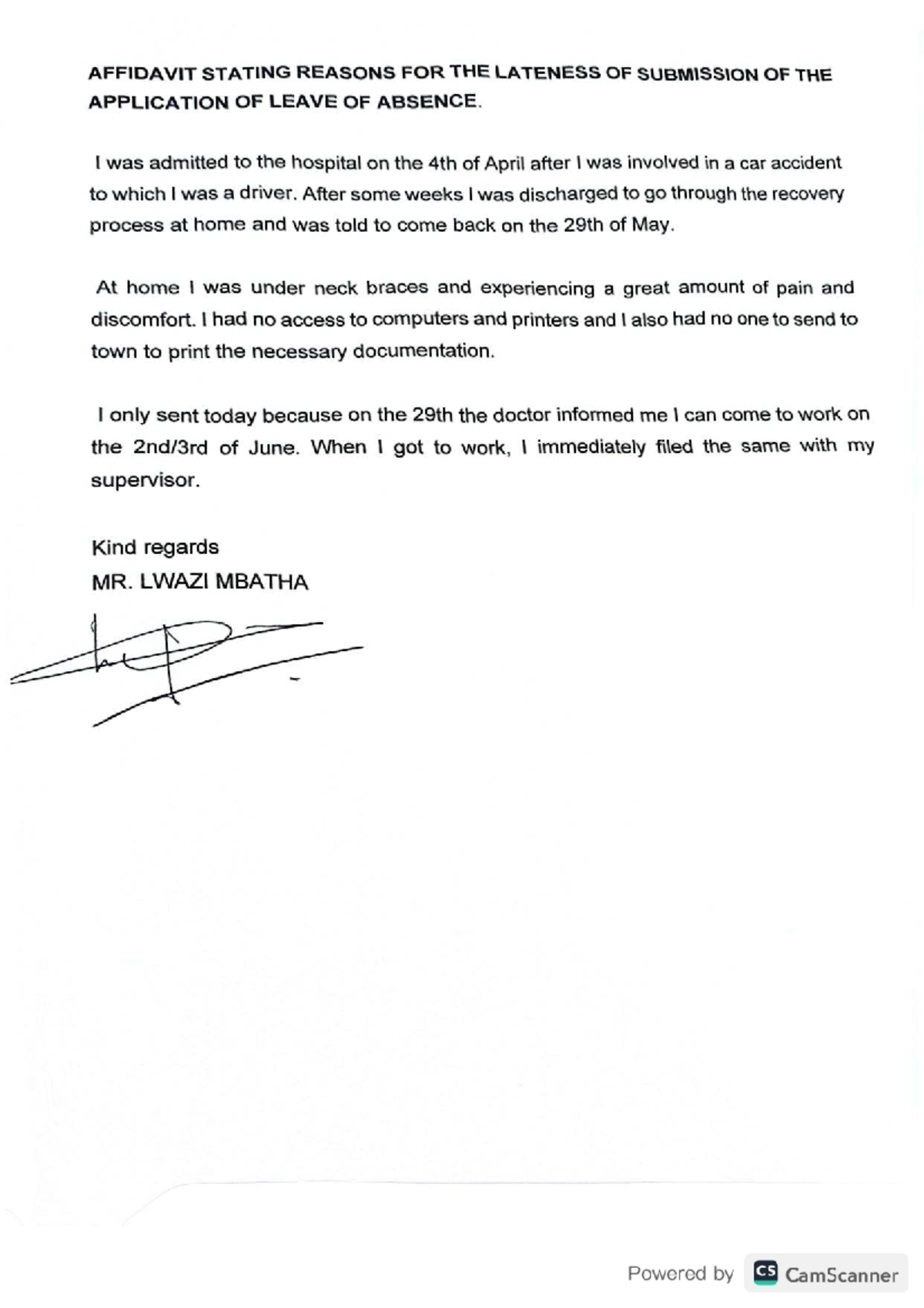 Affidavit for Late Leave of Absence Submission - CS - Studocu