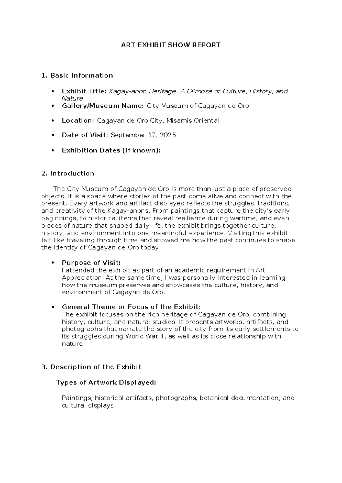 ART APPRECIATION EXHIBIT REPORT: HERITAGE IN CDO - Studocu