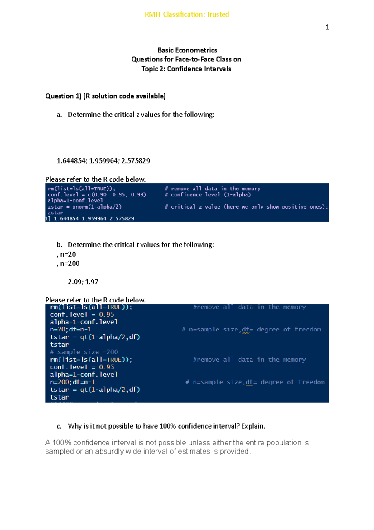 Basic Econometrics BB Module 2 Confidence Intervals Solutions - Studocu