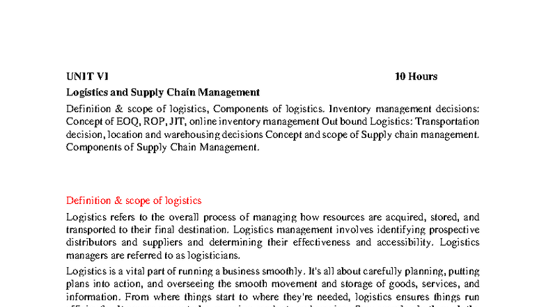 Unit VI: Logistics & Supply Chain Management Overview - KKTL - Studocu