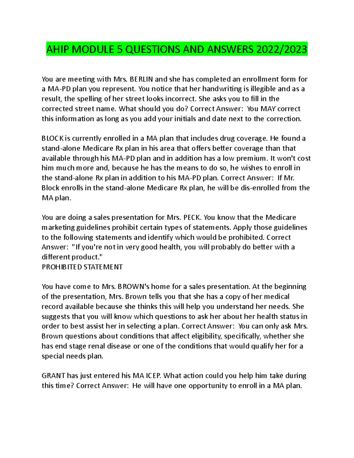 AHIP module 1 Exam Questions AND Answers 2022-2023 - AHIP module 1 Exam QUESTIONS AND ANSWERS ...