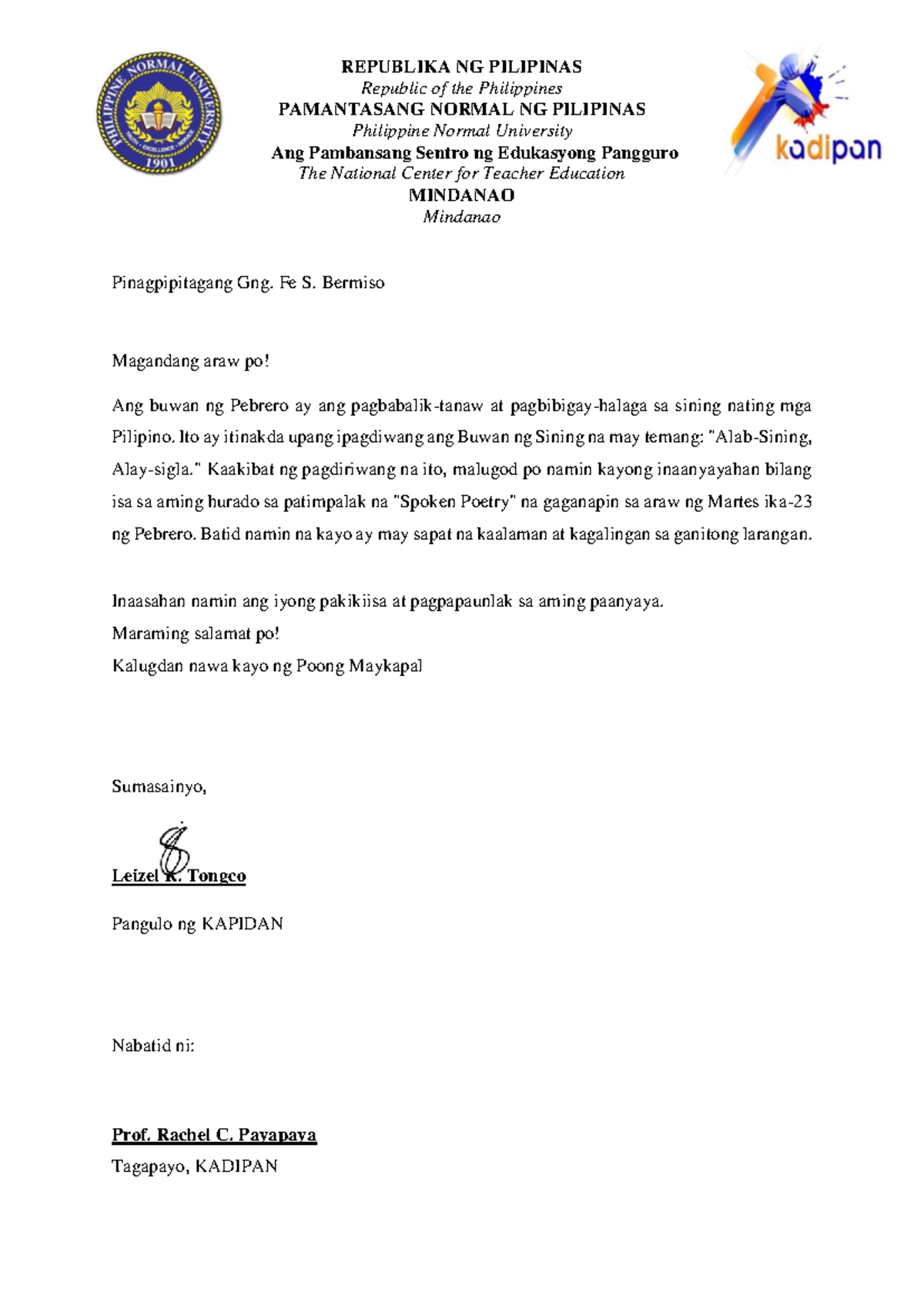 Halimbawang Liham Paanyaya sa Programa na "Spoken Poetry" - Studocu