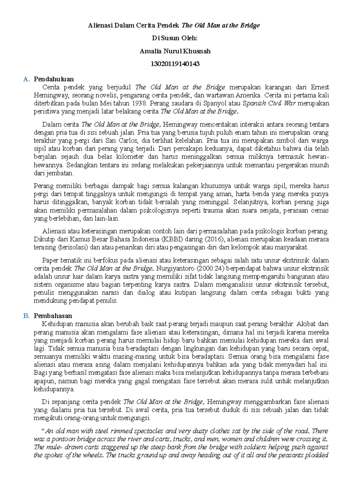 Analisis Alienasi dalam Cerita Pendek _The Old Man at the Bridge_ - AB ...