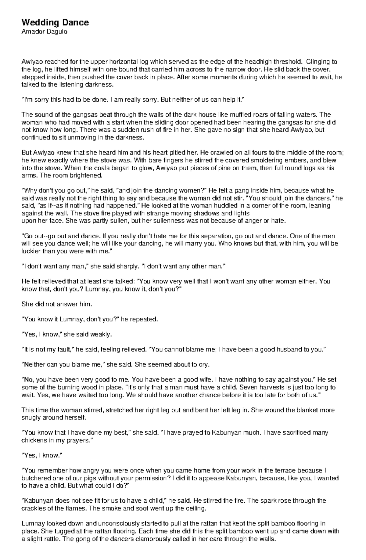 Short Story Analysis: Wedding Dance (ENG 101) by Amador Daguio - Studocu