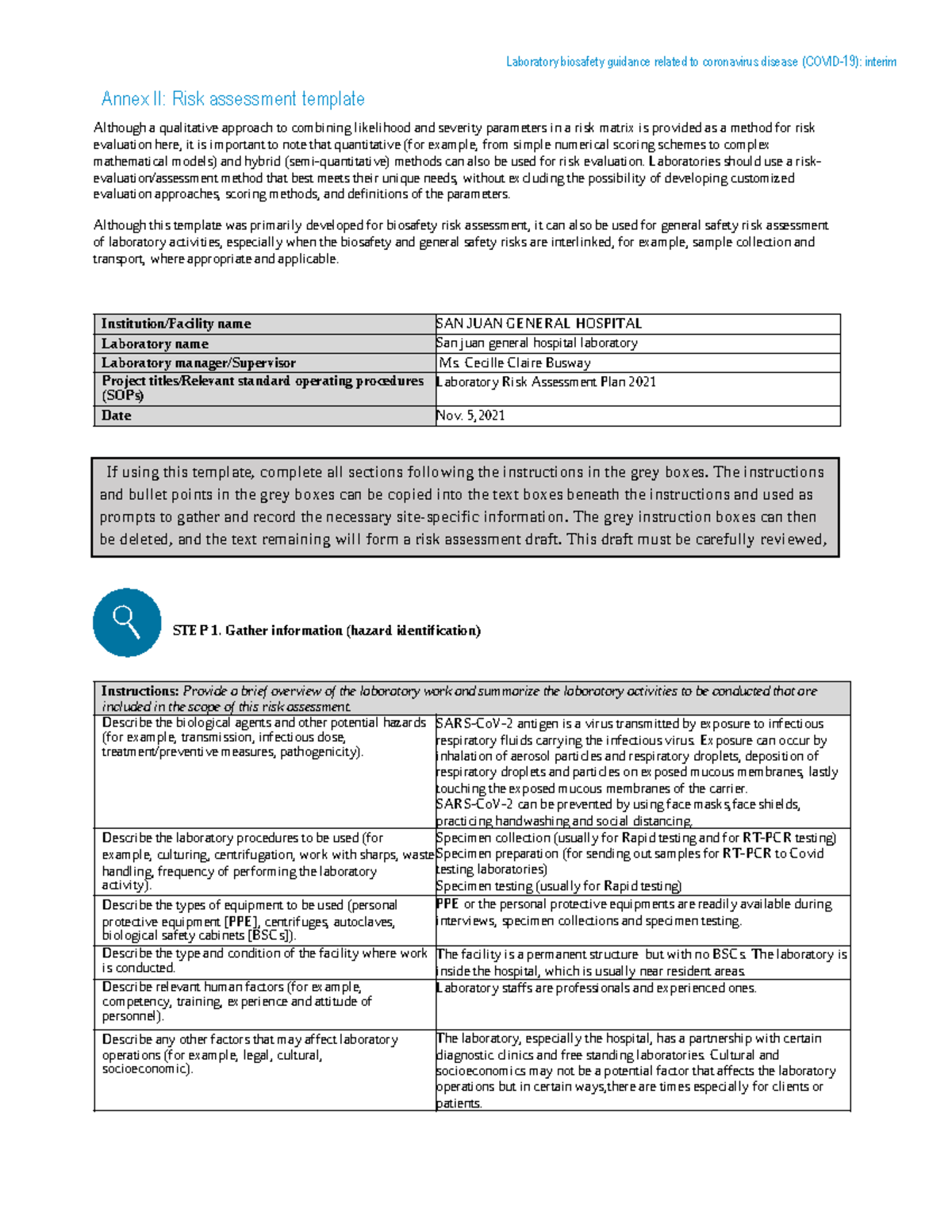 WHO Risk Assessment Template for Laboratory Biosafety - Annex II - Studocu