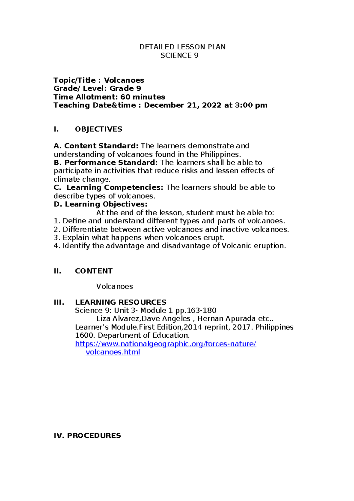 DLP- Volcanoes-G9: Comprehensive Lesson Plan on Volcanoes for Grade 9 ...