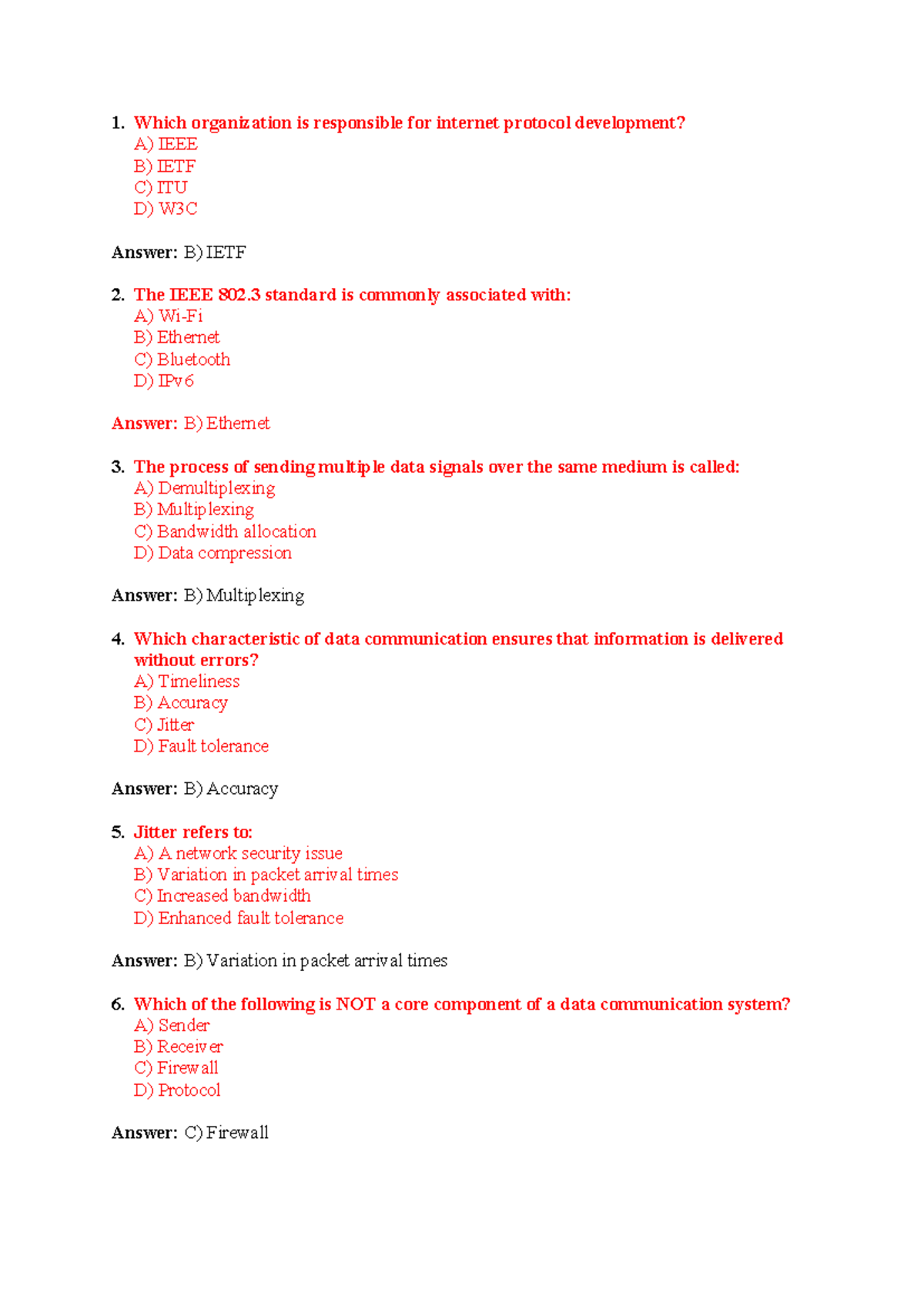 Computer Networks Test (CNET 101) - Quiz on Data Communication Concepts ...
