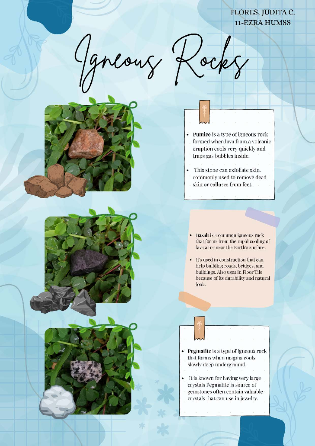 FLORES, JUDITA C. HUMSS Igneous Rocks: Pumice, Basalt, and Pegmatite ...