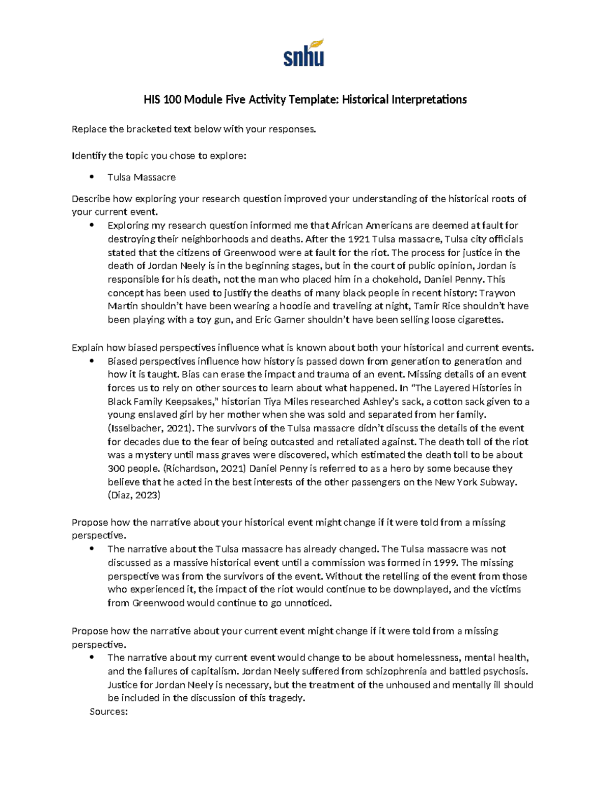 HIS 100 Module Five Activity: Historical Interpretations of the Tulsa ...