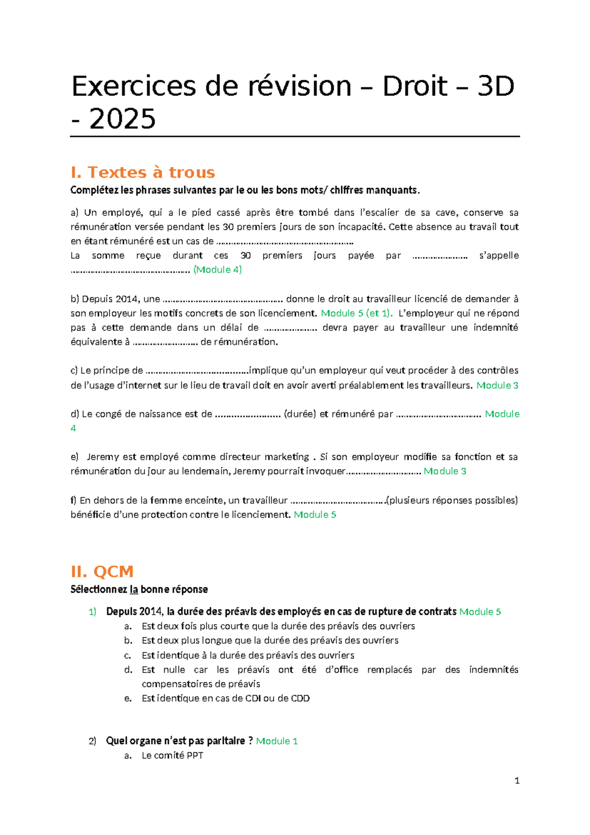 Exercices de révision Droit 3D 2025 - Textes à trous et QCM - Studocu