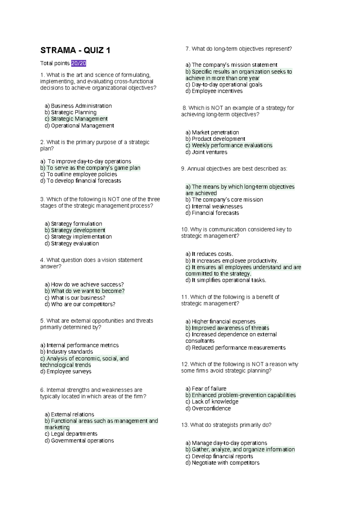 STRAMA-QUIZ 1-3: Key Concepts in Strategic Management - Studocu