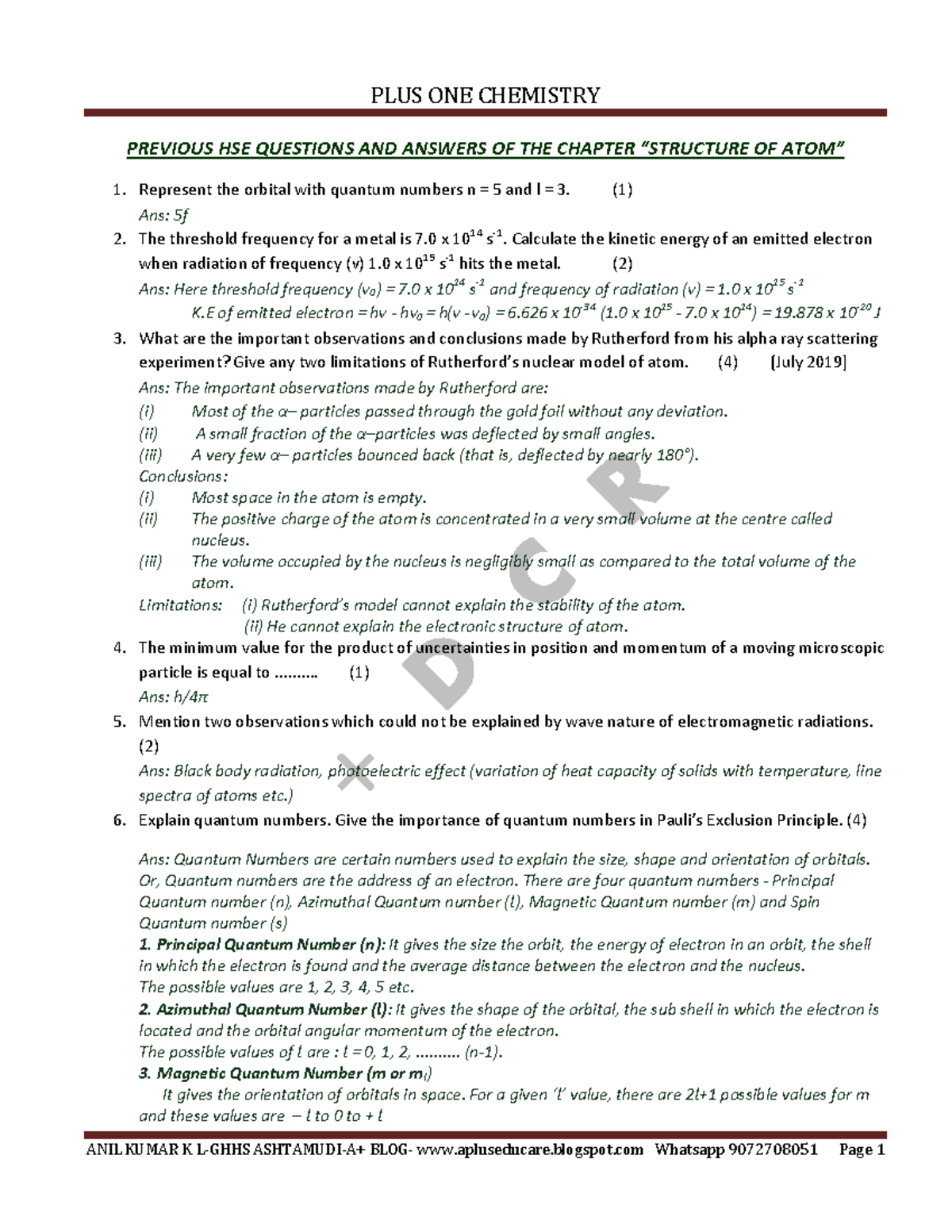 PLUS ONE CHEMISTRY CHAPTER 2: ATOMIC STRUCTURE STUDY NOTES - Studocu