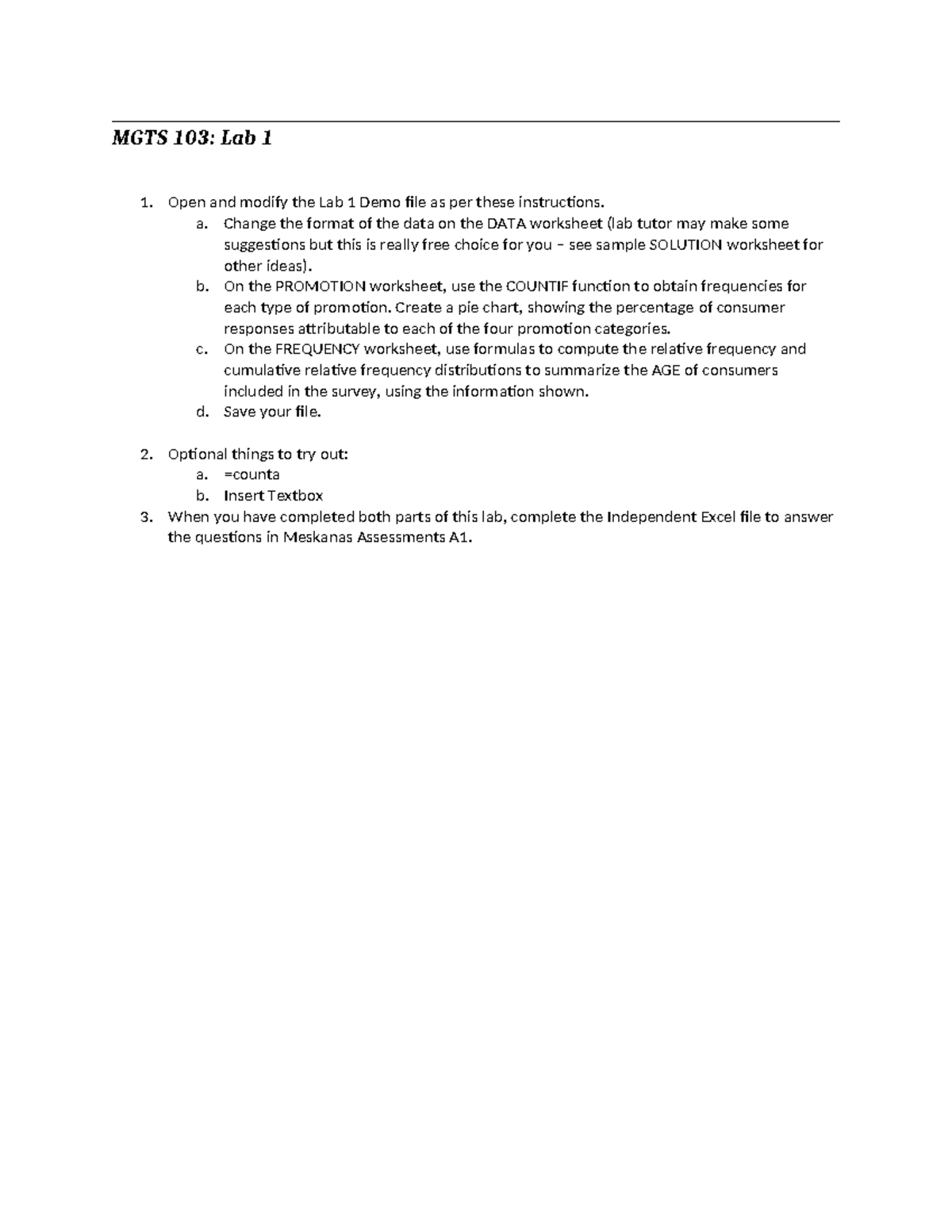 MGTS 103: Lab 1 - Data Formatting and Analysis Instructions - Studocu