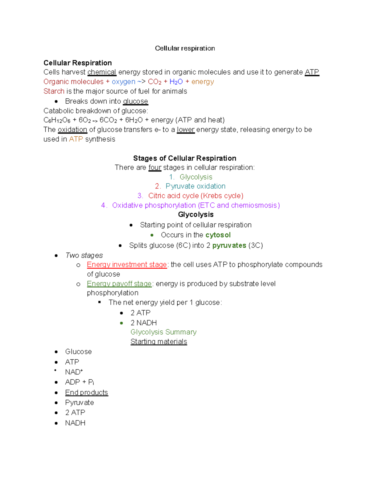 Cellular Respiration Overview: Glycolysis to Oxidative Phosphorylation - Studocu
