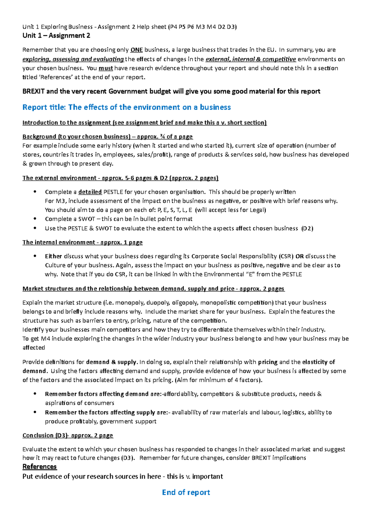 Unit 1 Exploring Business - Assmnt 2 Helpsheet (P4 P5 P6 M3 M4 D2 D3 ...