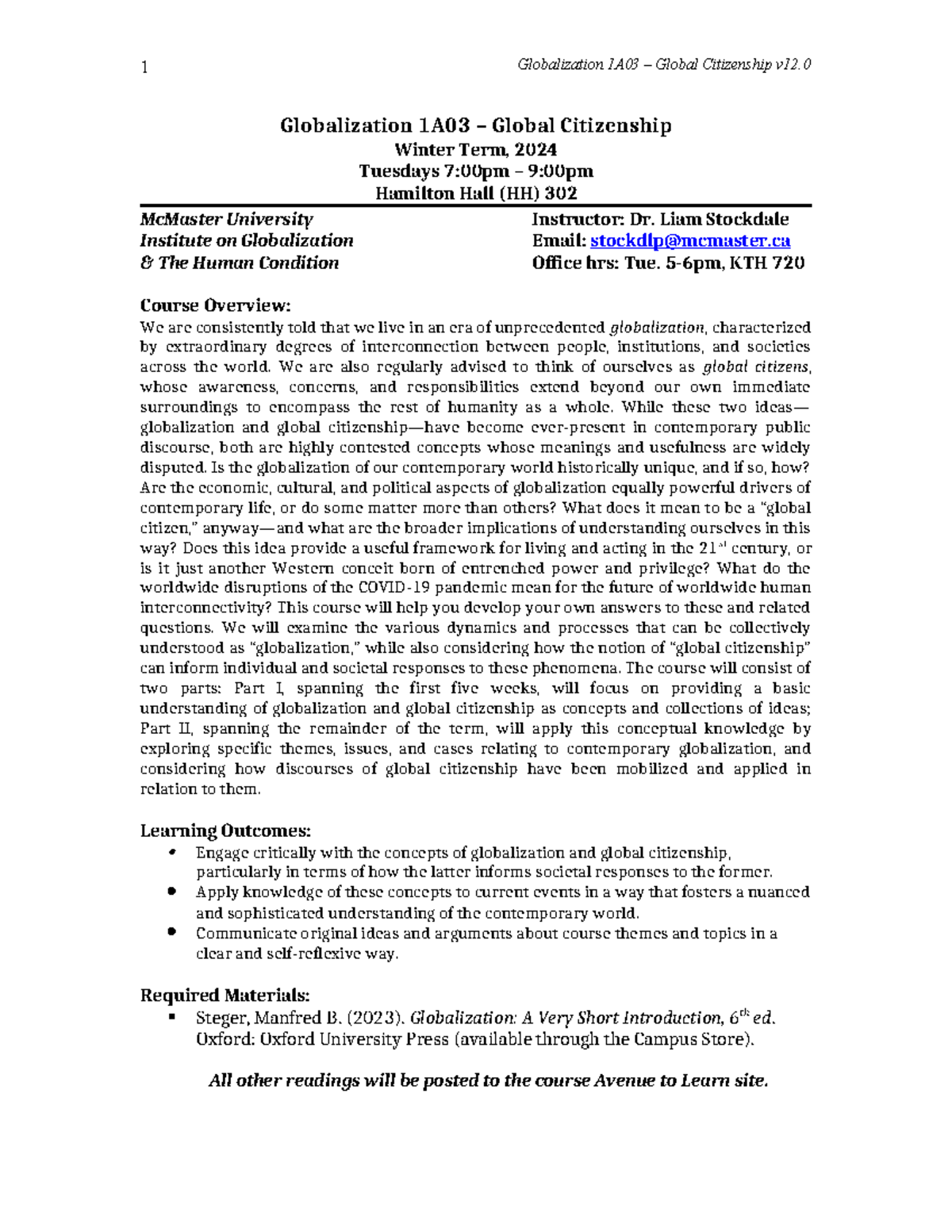 Globalzn 1A03 - Course Outline: Global Citizenship & Globalization ...