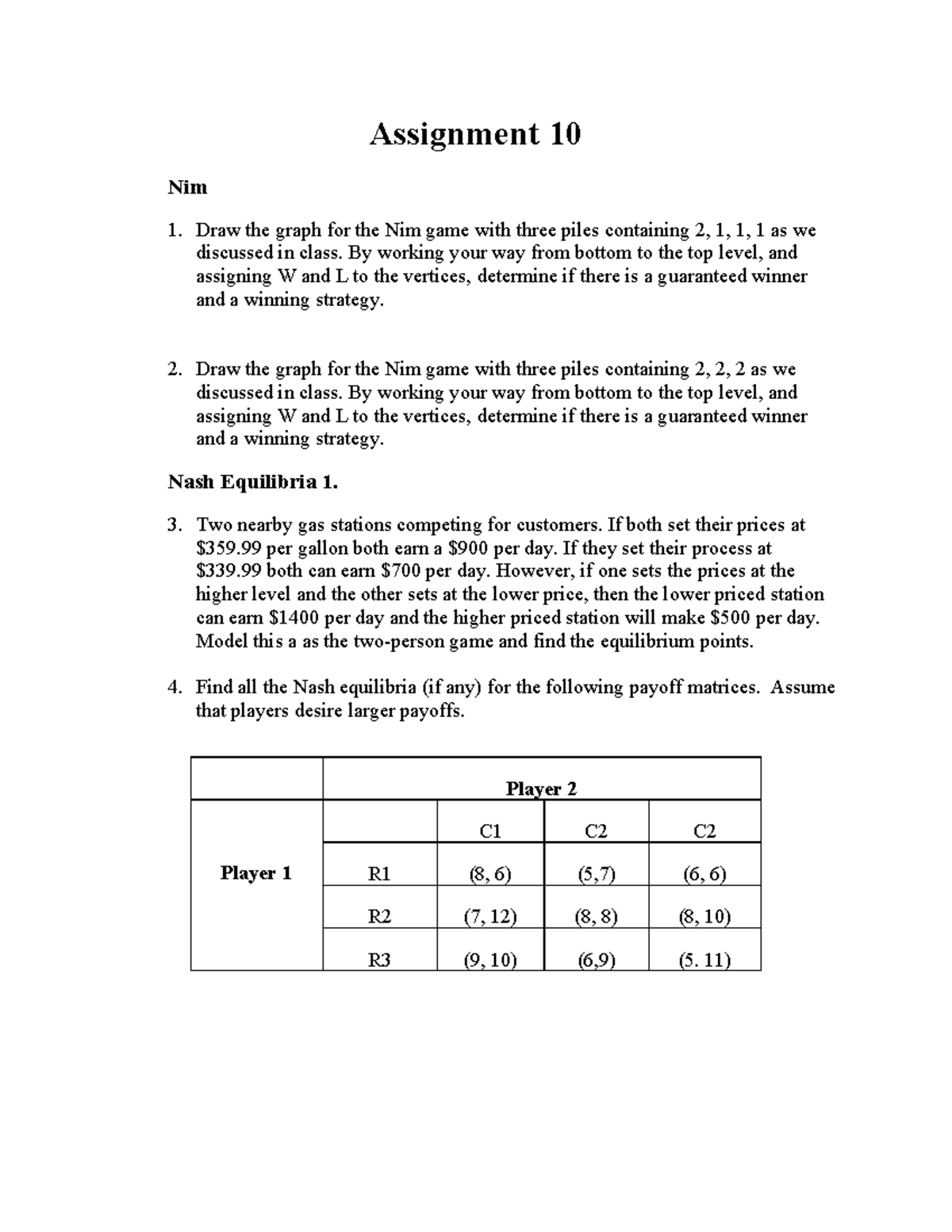 Nash Equilibria & Nim Game Strategies - Math Assignment 10 - Studocu