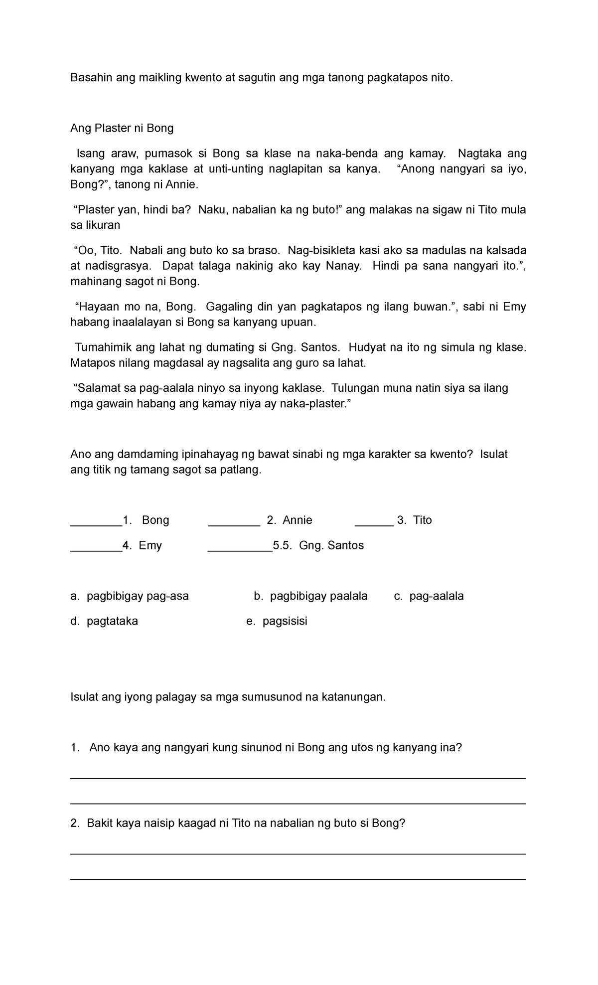 207545774 Basahin at Sagutin ang mga Tanong sa Maikling Kwento - Studocu