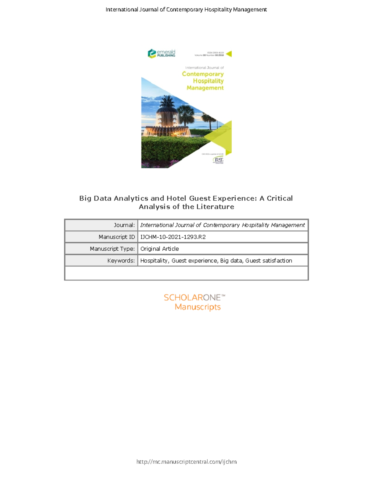 Big Data Analytics and Hotel Guest Experience: A Critical Review (Lvet ...