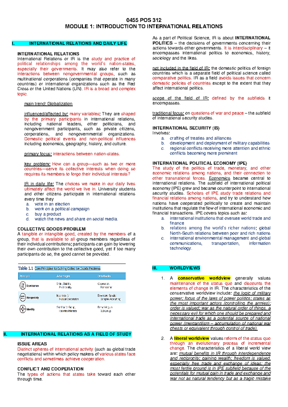 POS 312: Module 1 - Intro to International Relations Notes - Studocu