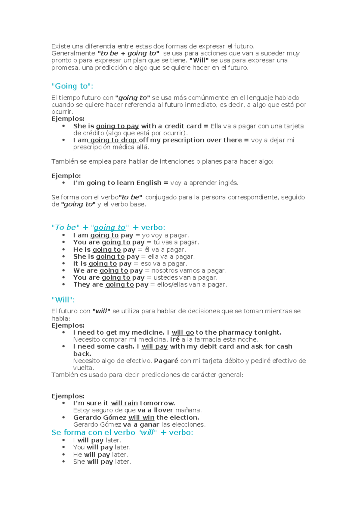 Inglés: Diferencias entre "will" y "going to" en el futuro - Studocu