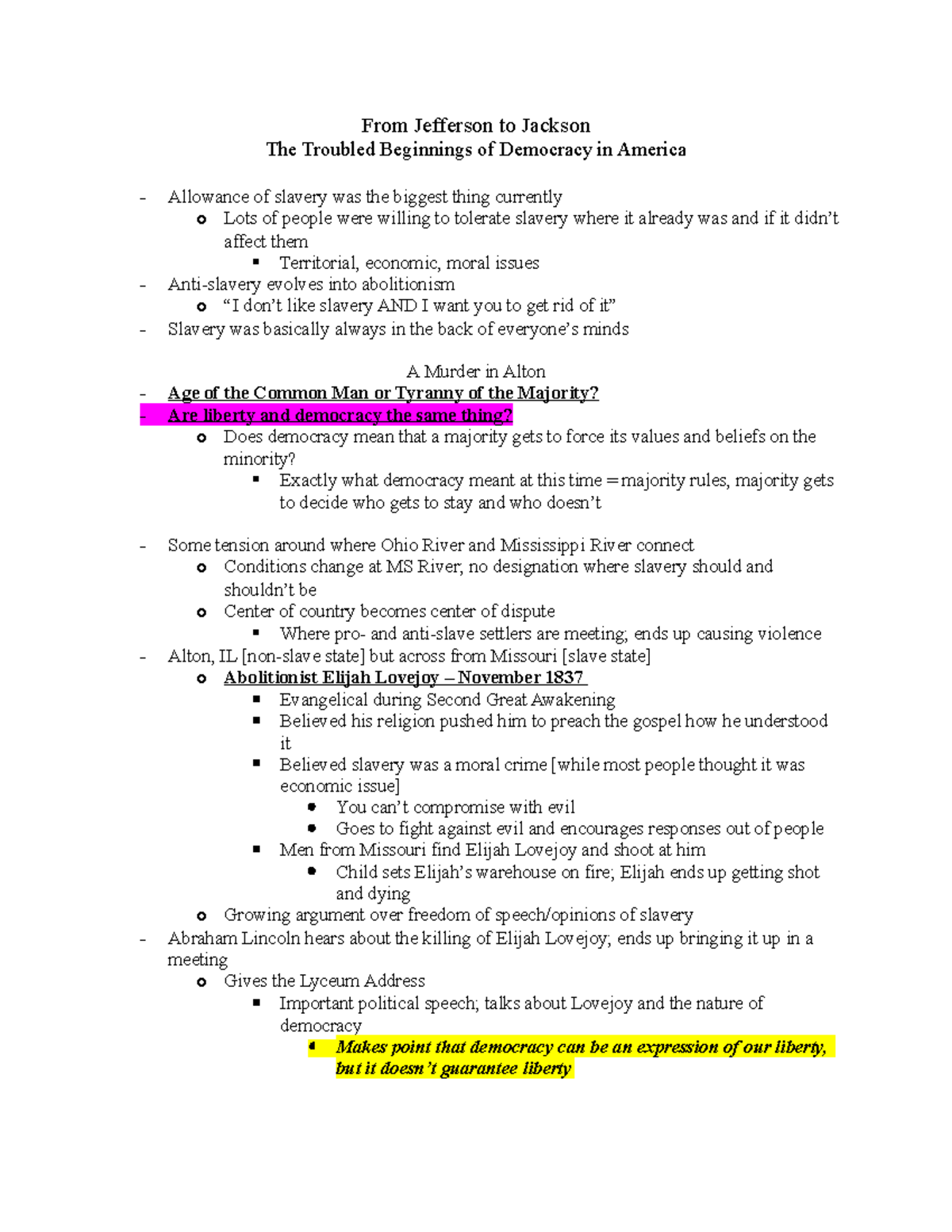 Final Exam Lecture Notes - From Jefferson to Jackson The Troubled ...
