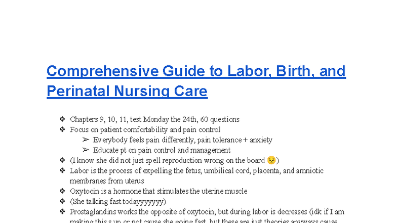Comprehensive Guide to Intrapartum Nursing Care - Chapters 9-11 Notes ...