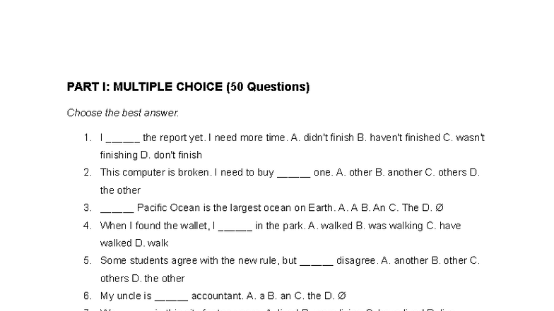 Demo Test - Part I: Multiple Choice & Fill in the Blanks (50 Qs) - Studocu