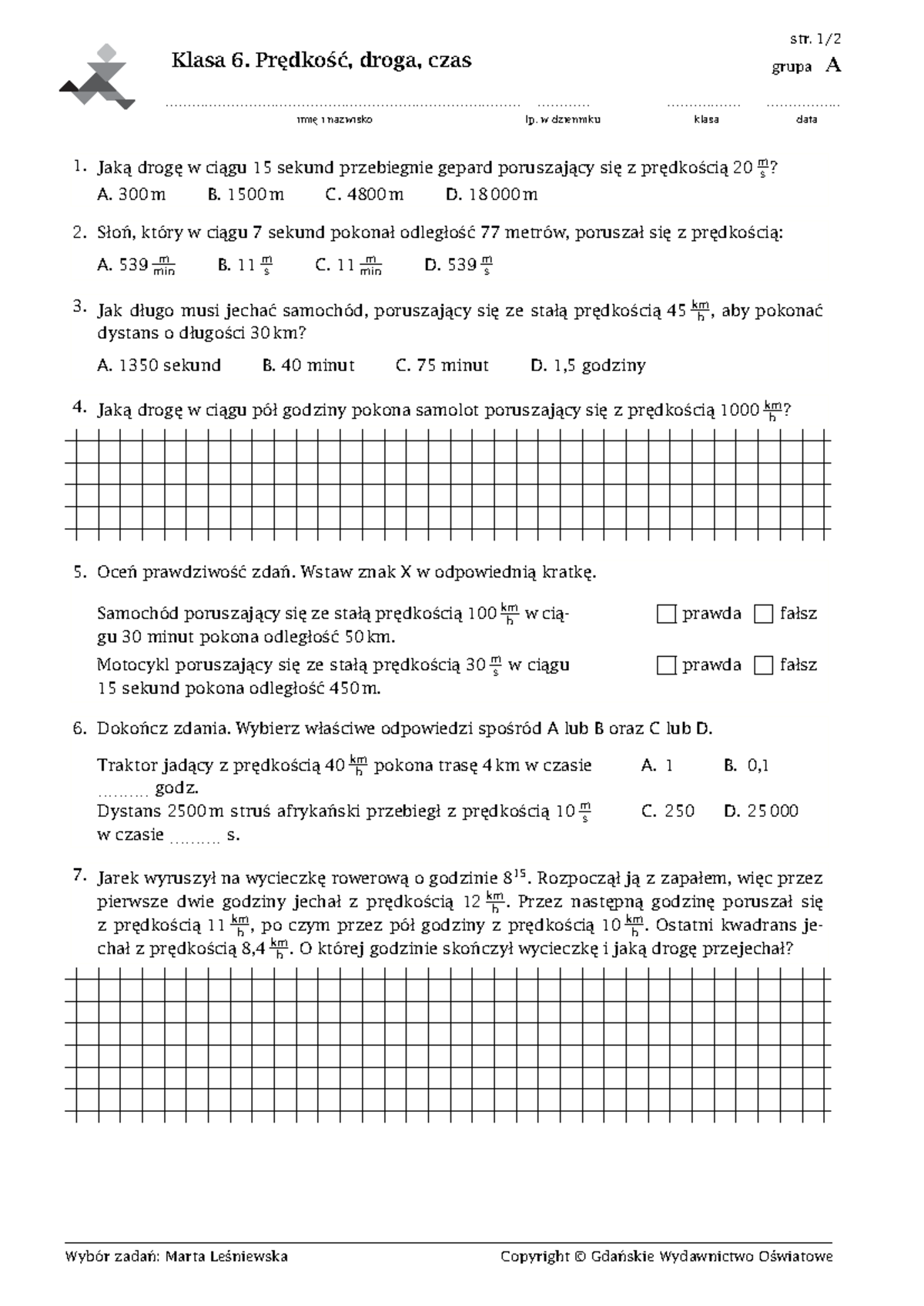 Prędkość, droga, czas - Klasa 6 - Materiały do nauki - Studocu