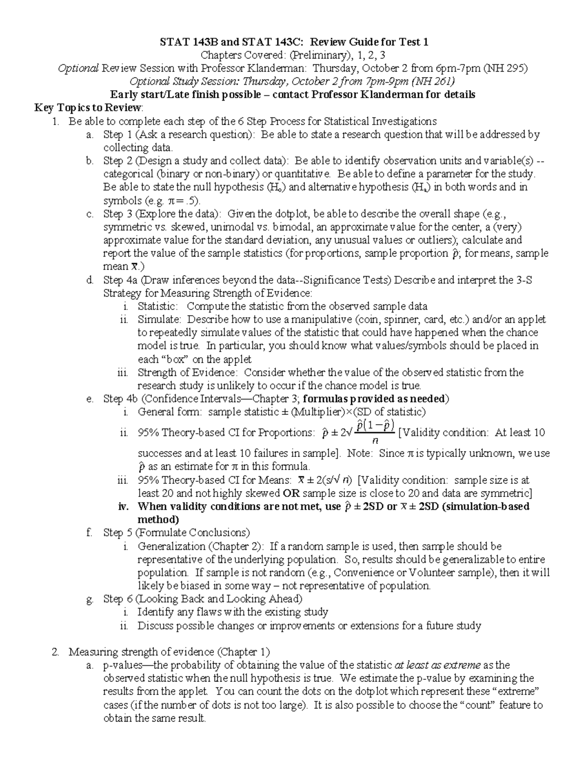 STAT 143B/C: Test 1 Review Guide - Key Concepts & Practice - Studocu