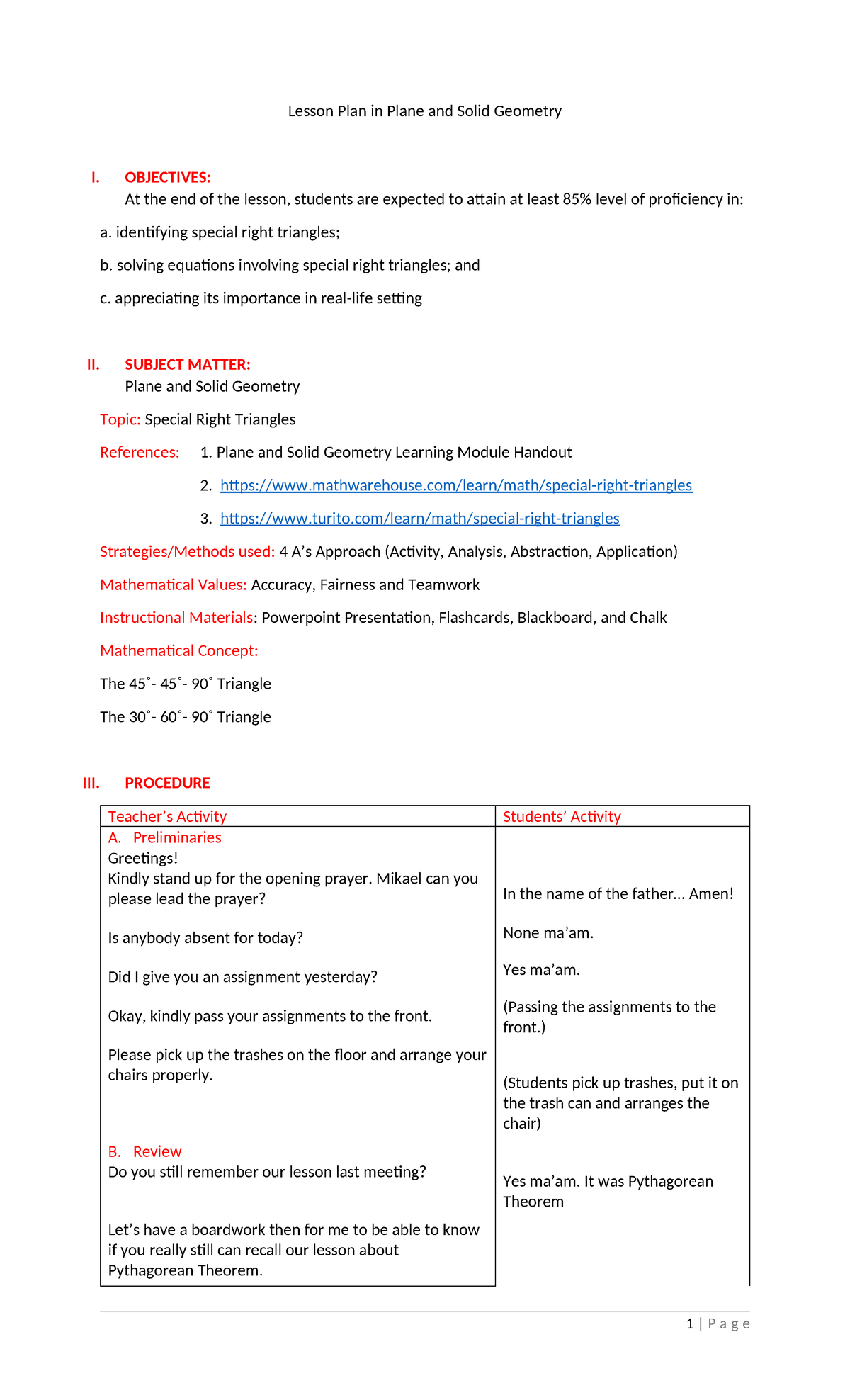PSG-Special Right Triangles Lesson Plan Using 4A's Approach - Studocu