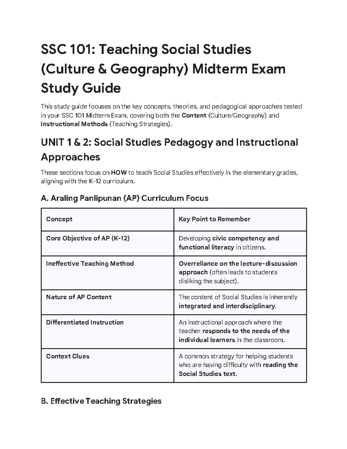 SSC 101: Midterm Exam Study Guide on Social Studies Pedagogy - Studocu