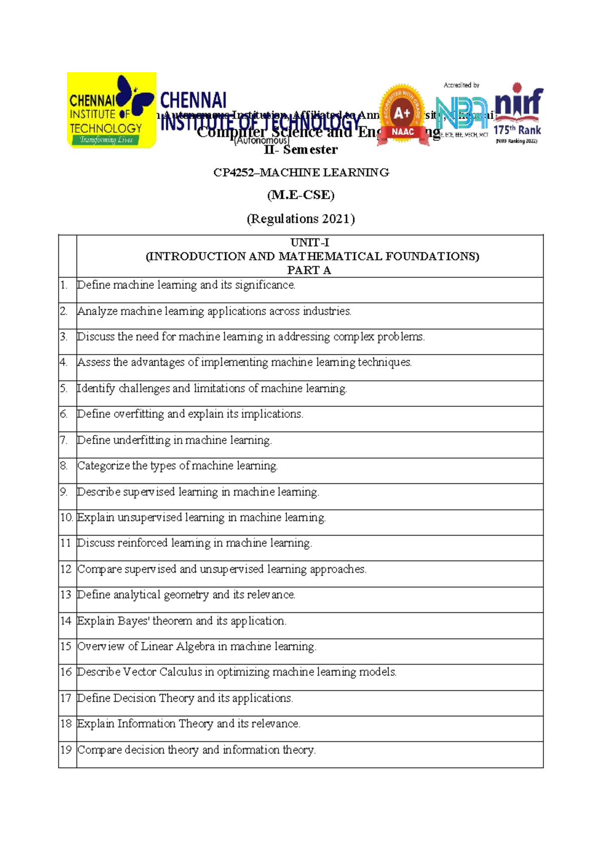 CP4252 Machine Learning: Comprehensive Study Guide and QB - Studocu