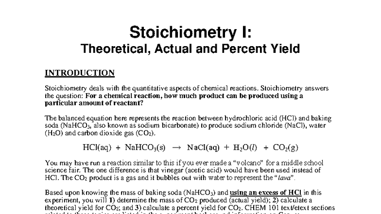 CHEM 101: Stoichiometry Experiment - Yield Calculations and Analysis - Studocu