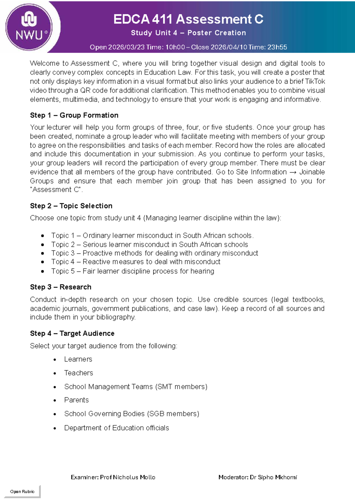 EDCA 411 Assessment C: Study Unit 4 Poster & TikTok Video Guide - Studocu