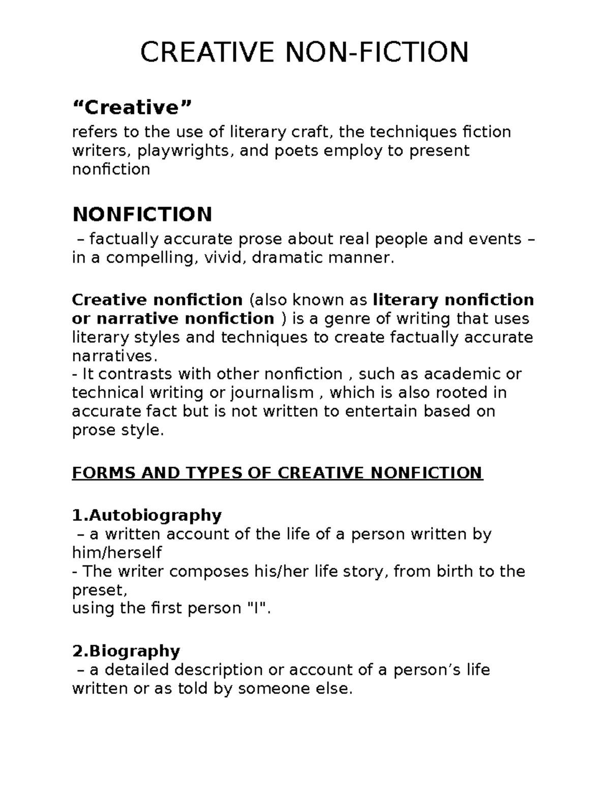 CNF 101: Understanding Creative Nonfiction and Its Key Elements - Studocu