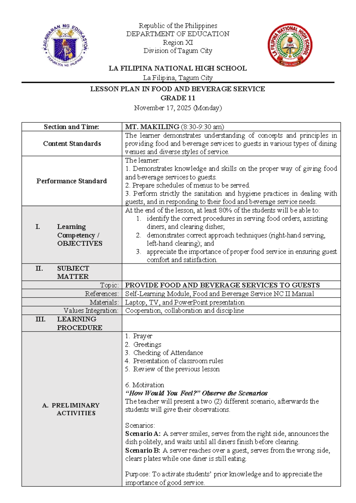 Grade 11 FBS Lesson Plan: Food & Beverage Service Techniques - Studocu