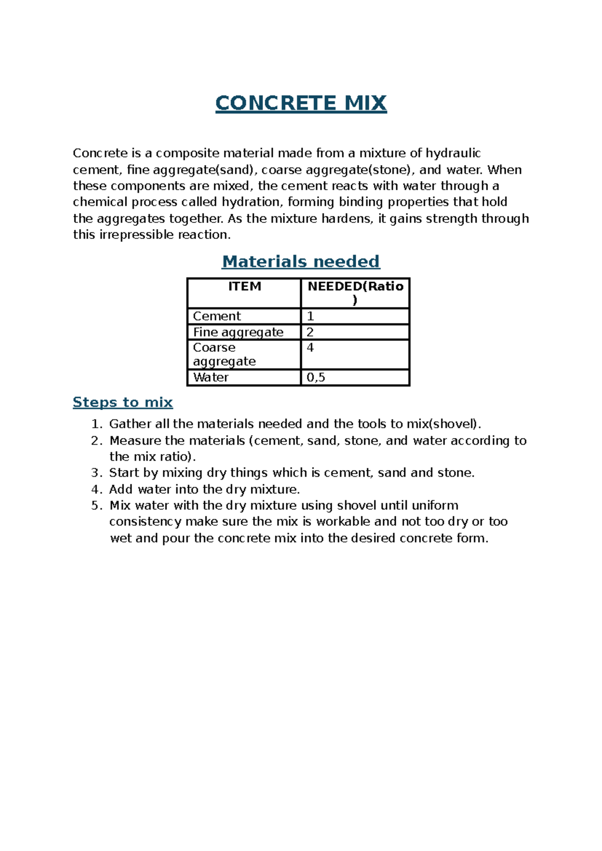Concrete Mixing Guide: Ratios & Steps for Effective Mixture - Studocu